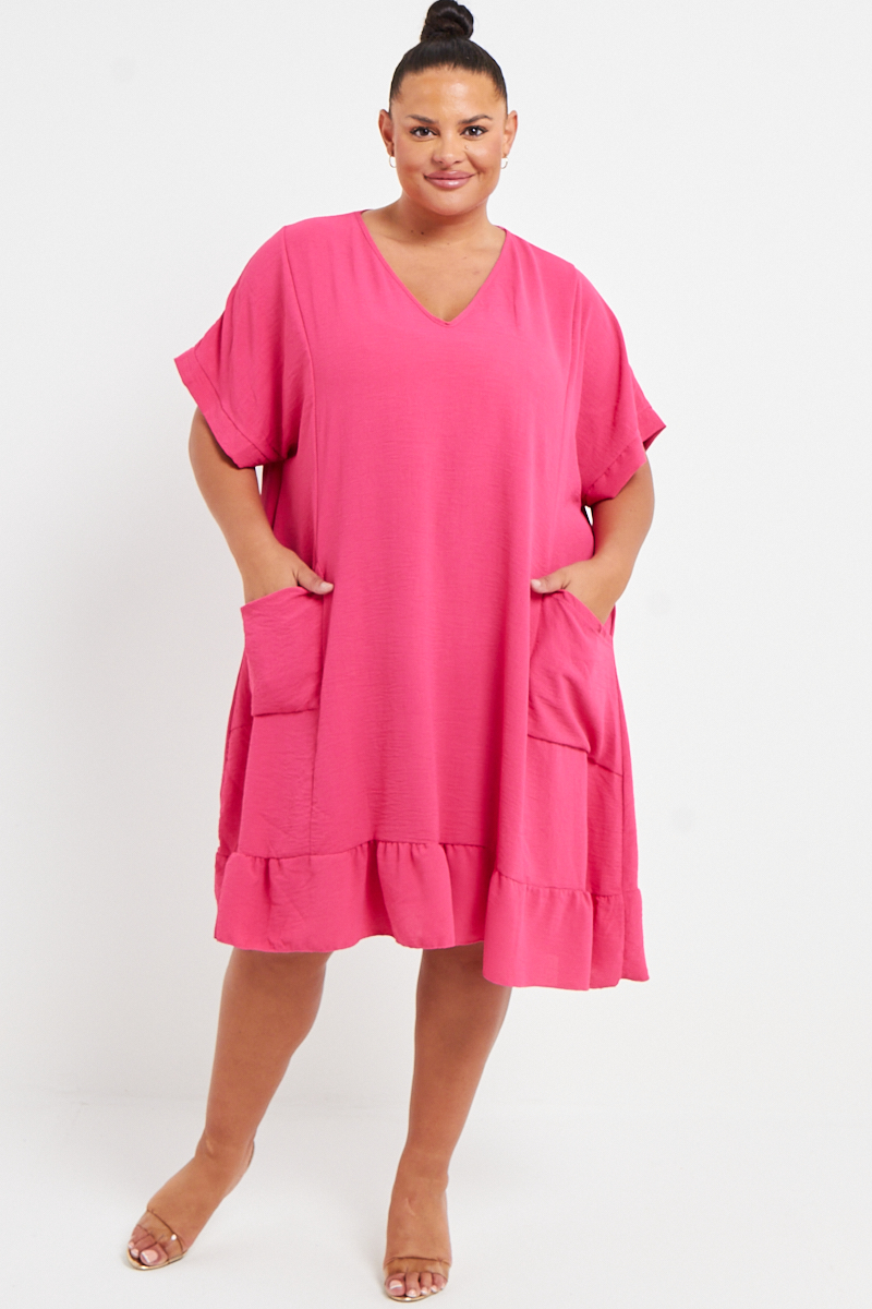 One Size Pink Smock Style V Neck Short Sleeve Mini Dress With Pockets ...