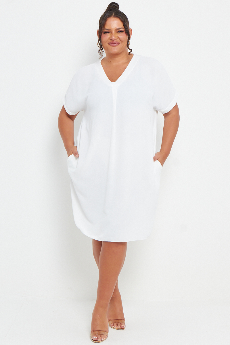 One Size White Short Sleeve V Neck Mini Dress With Pockets | Praslin ...