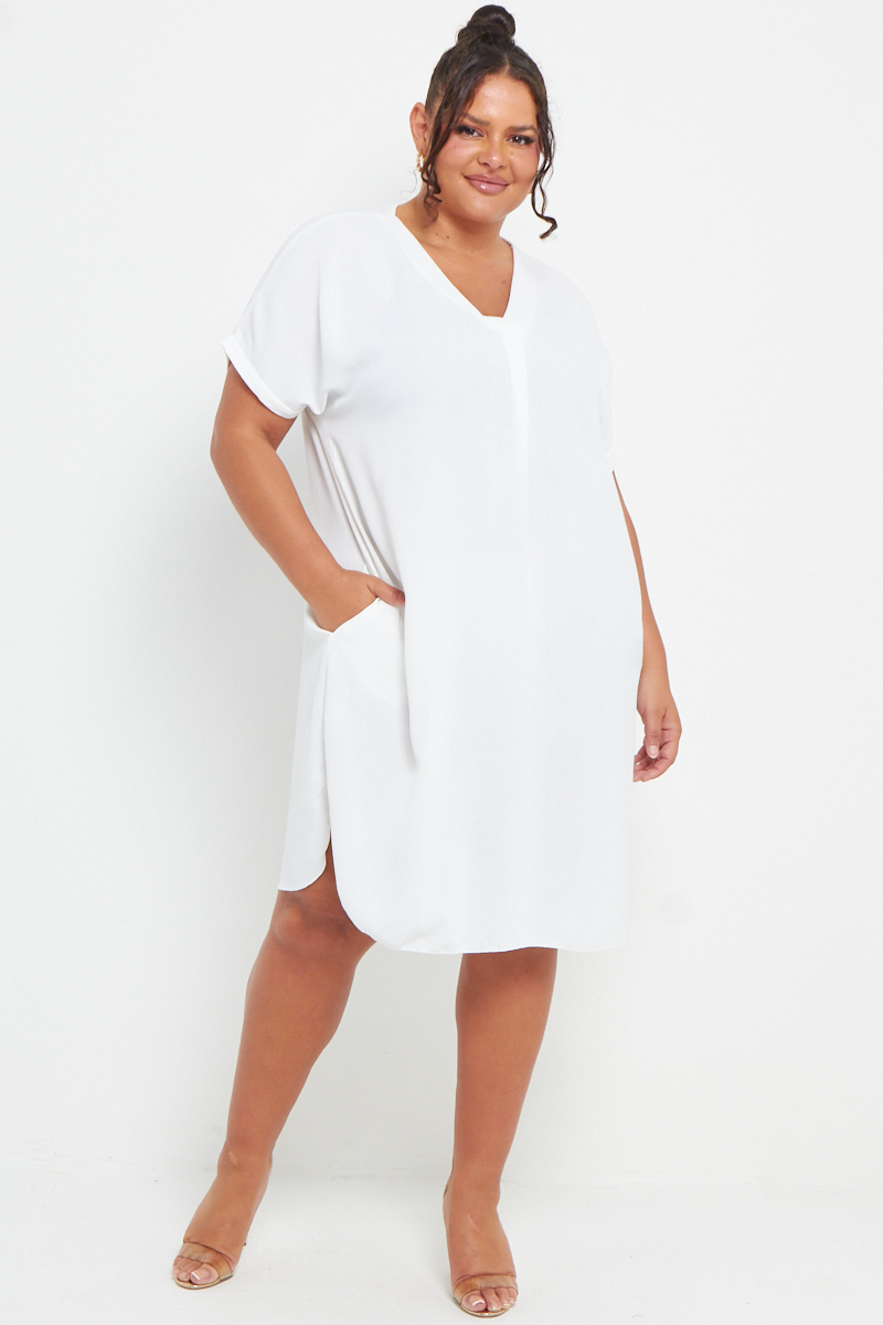 One Size White Short Sleeve V Neck Mini Dress With Pockets | Praslin ...