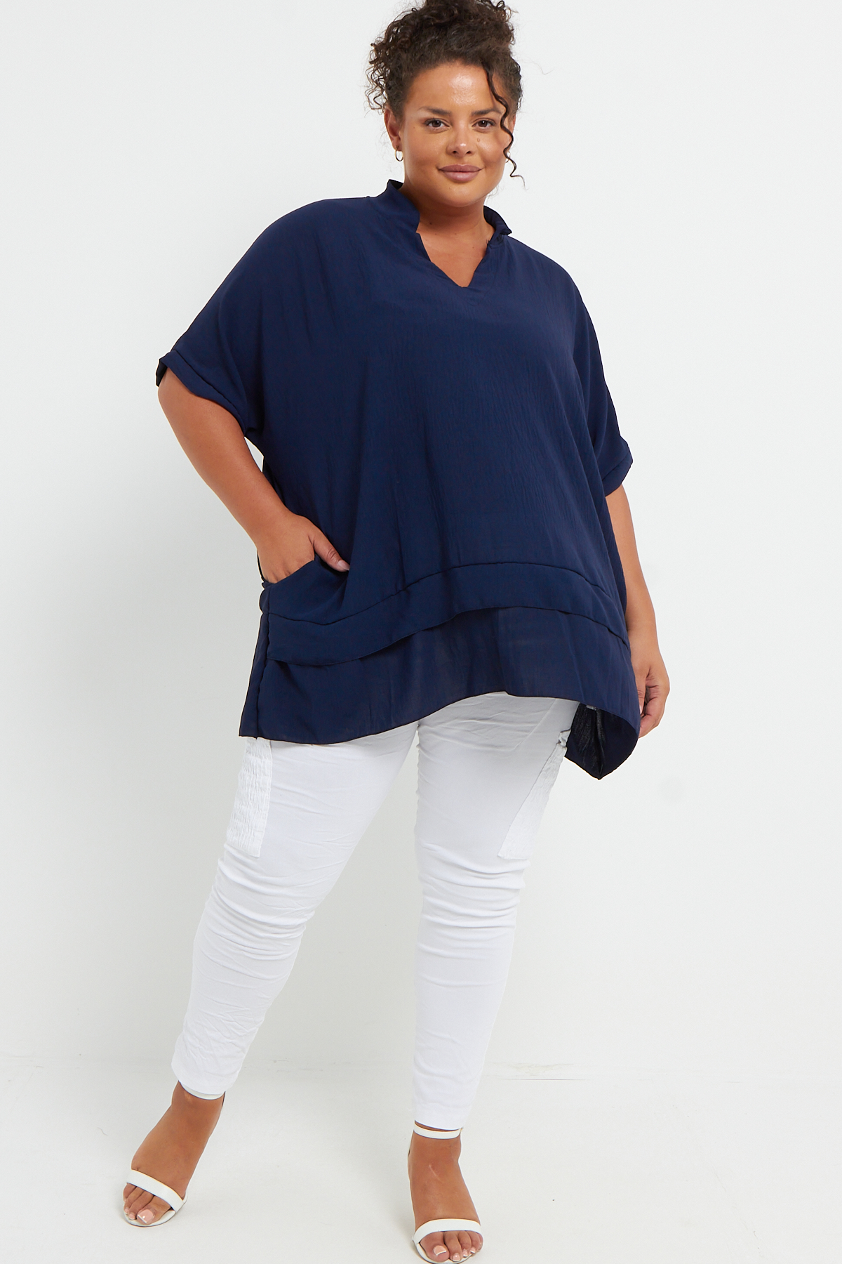 Plus Size Navy Short Sleeve V Neck Collar Frill Hem Top With Pockets ...
