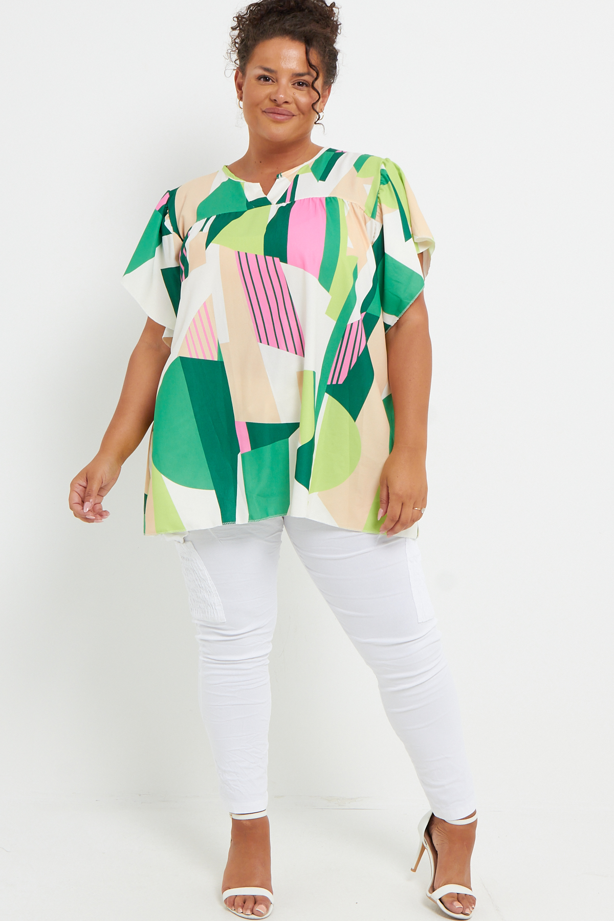 Plus Size Green Abstract Print Short Flare Sleeve Top | Praslin Clothing