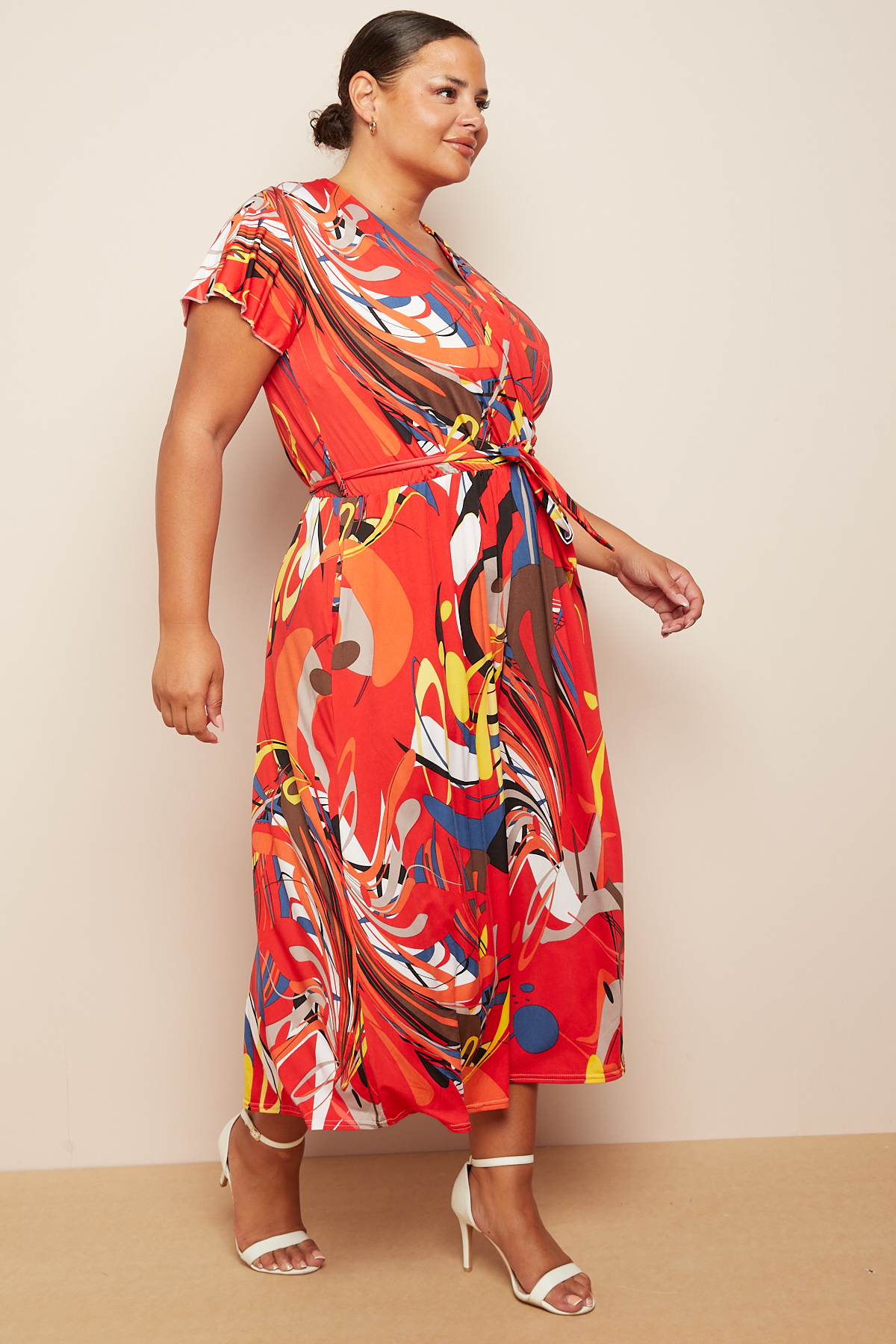 Plus Size Red Multi Print Wrap Tie Fasten Midi Dress With Pockets ...