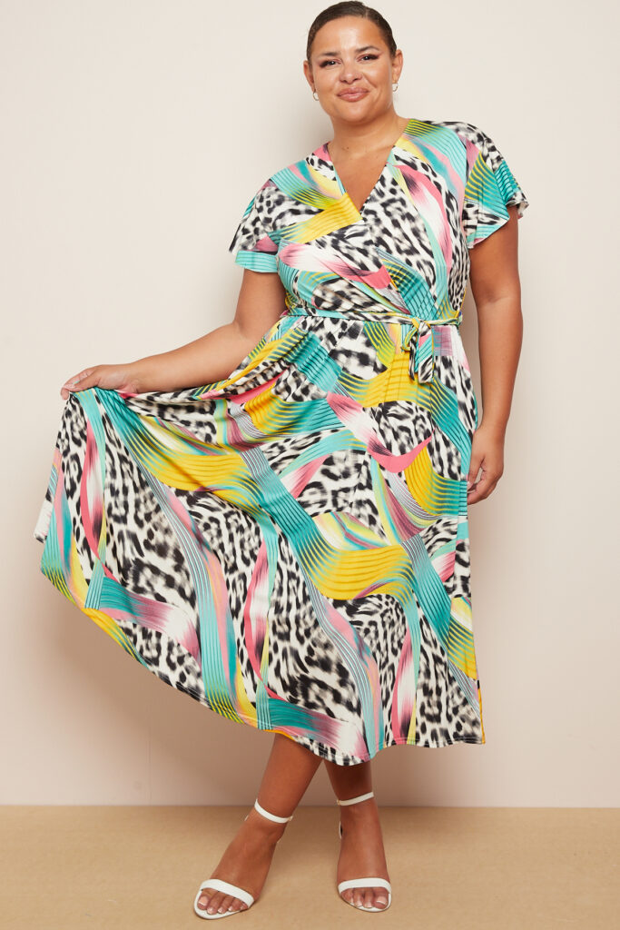 Plus Size Mint Green Multi Print Wrap Tie Fasten Midi Dress With ...