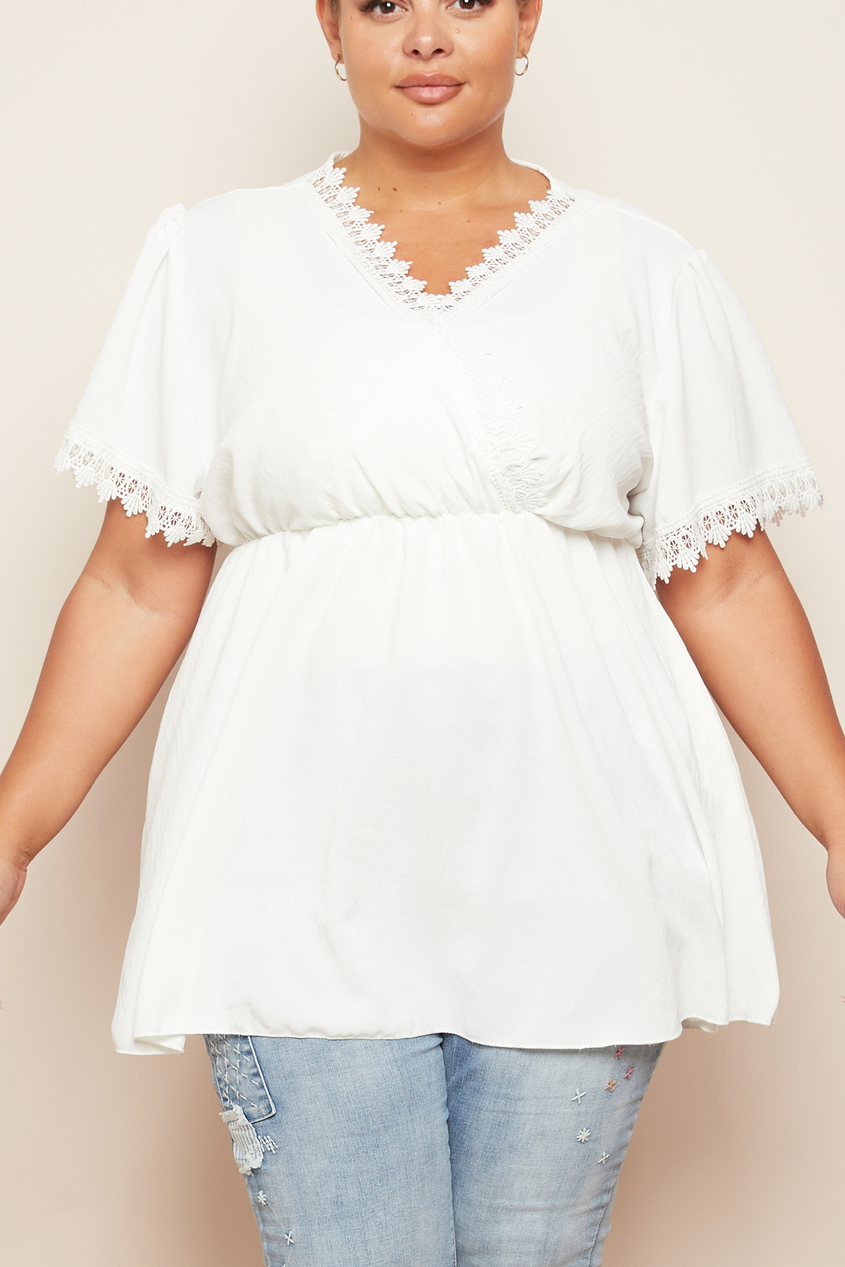 Plus Size White Wrap Elasticated Waist Crochet Trim Detail Top With ...
