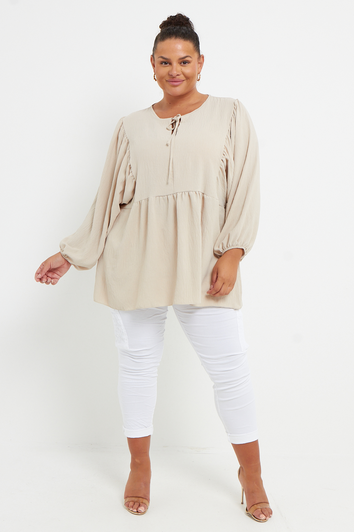 Plus Size Beige Tie Neck Full Sleeve Ruffle Top | Praslin Clothing