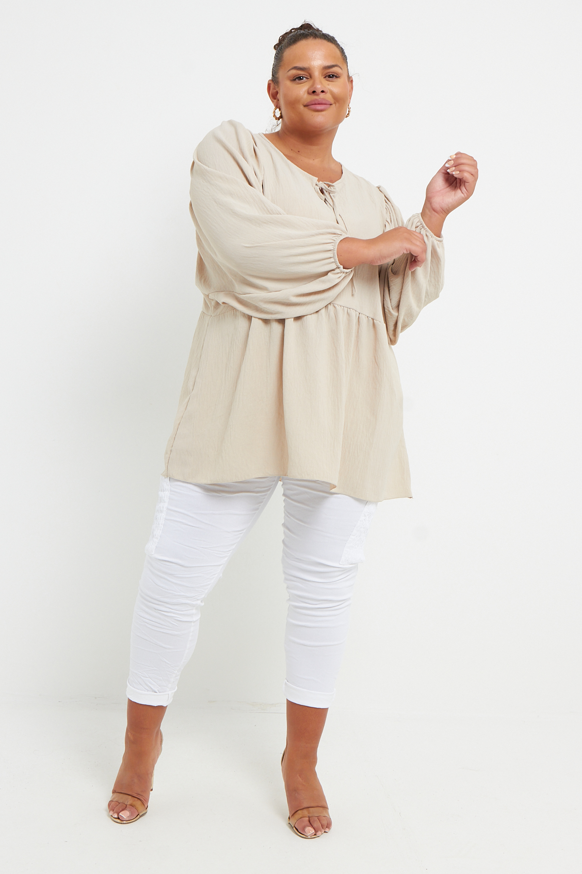 Plus Size Beige Tie Neck Full Sleeve Ruffle Top | Praslin Clothing