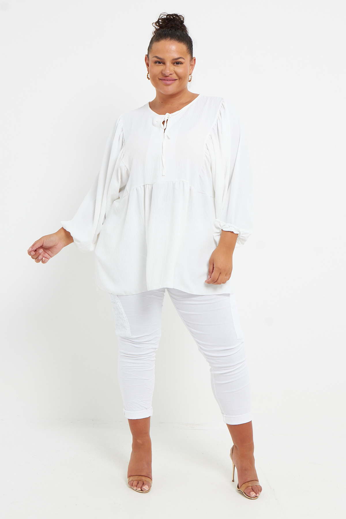 Plus Size White Tie Neck Full Sleeve Ruffle Top | Praslin Clothing