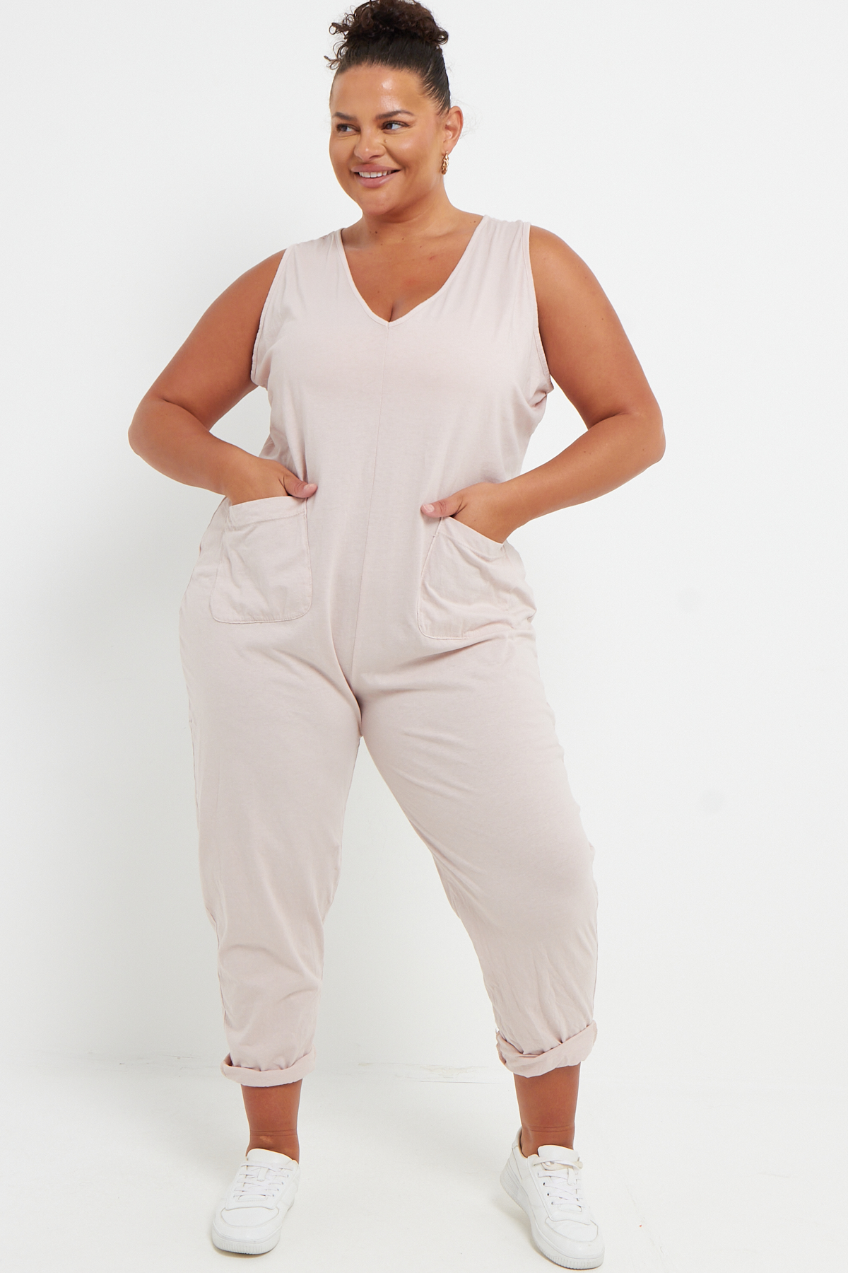 Plus Size Beige Turn Up V Neck Sleeveless Jumpsuit With Pockets ...