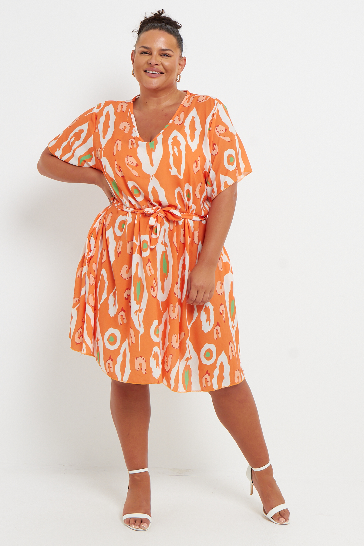 Plus Size Orange Printed Short Sleeve Tie Waist Mini Dress With Pockets ...