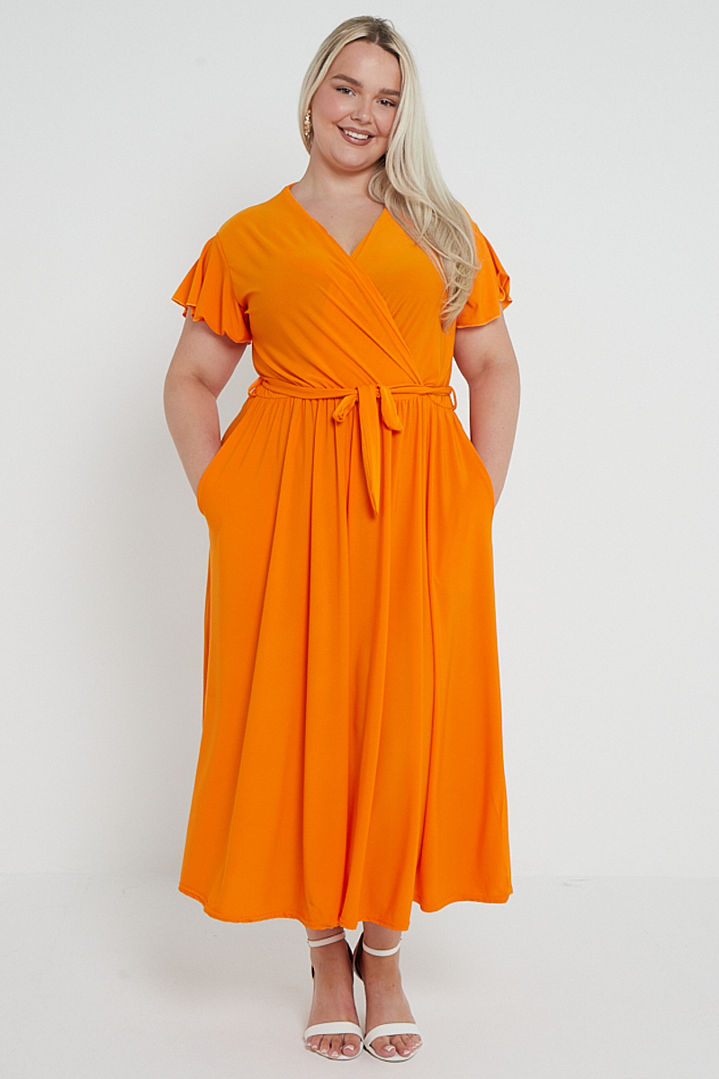 Plus Size Orange Wrap Tie Waist Short Sleeve Midi Dress With Pockets ...