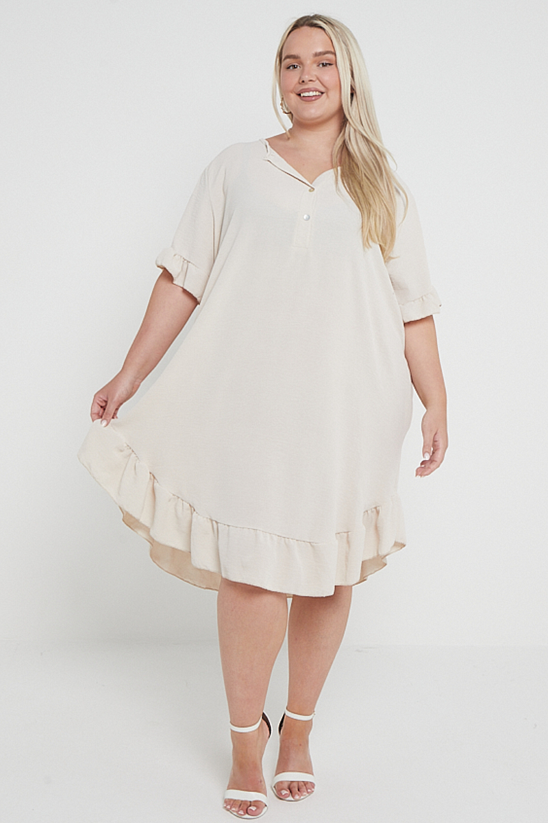 Plus Size Beige Button Top Frill Detail Short Sleeve Dress With Pockets ...
