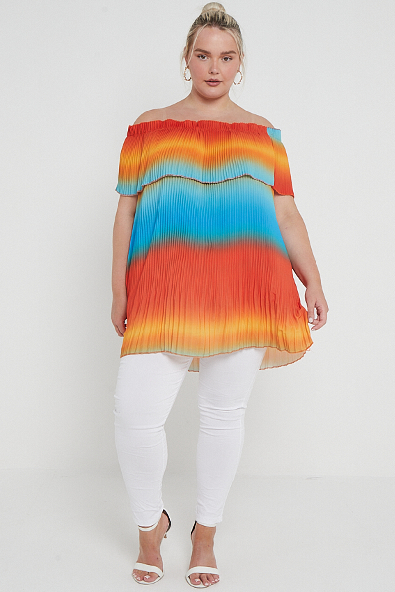 Plus Size Orange Stripe Pleat Detail Bardot Top | Praslin Clothing