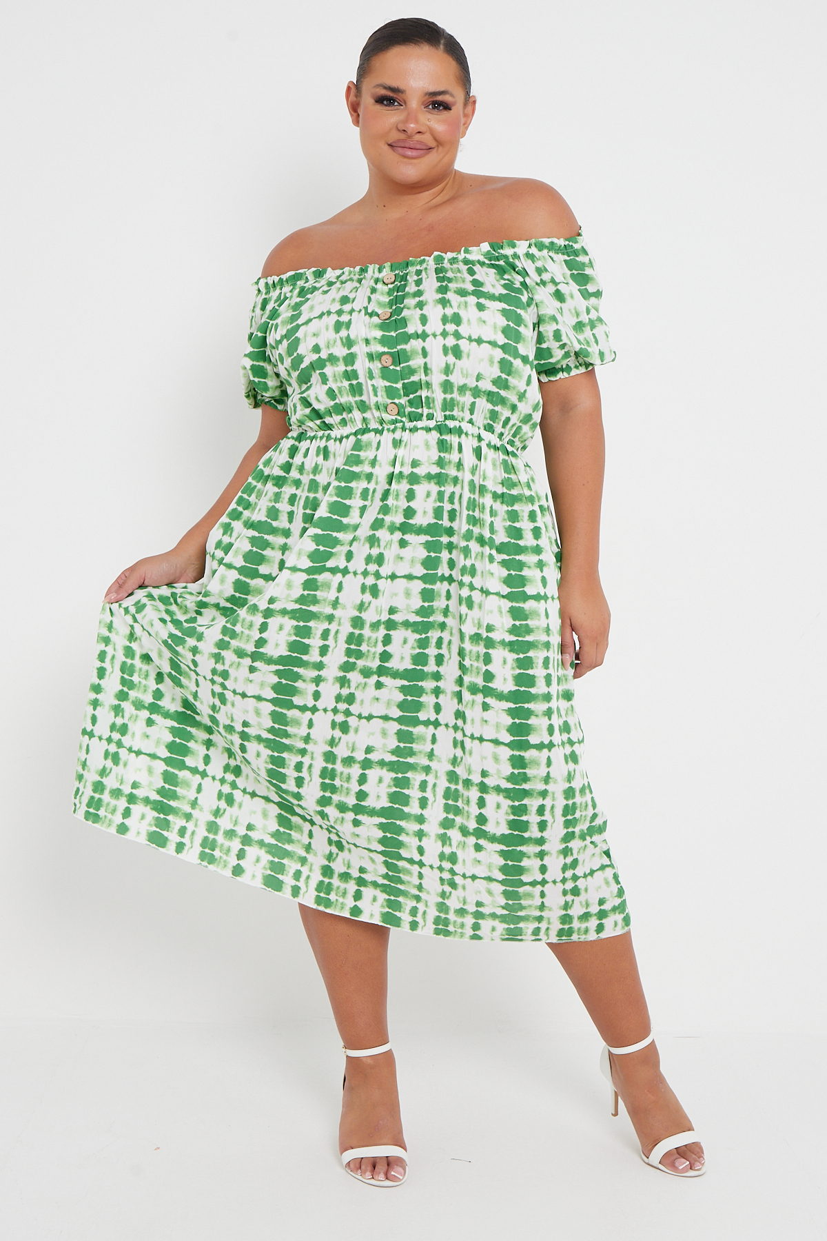 Plus Size Green Tie Dye Bardot Button Through Dress With Pockets ...