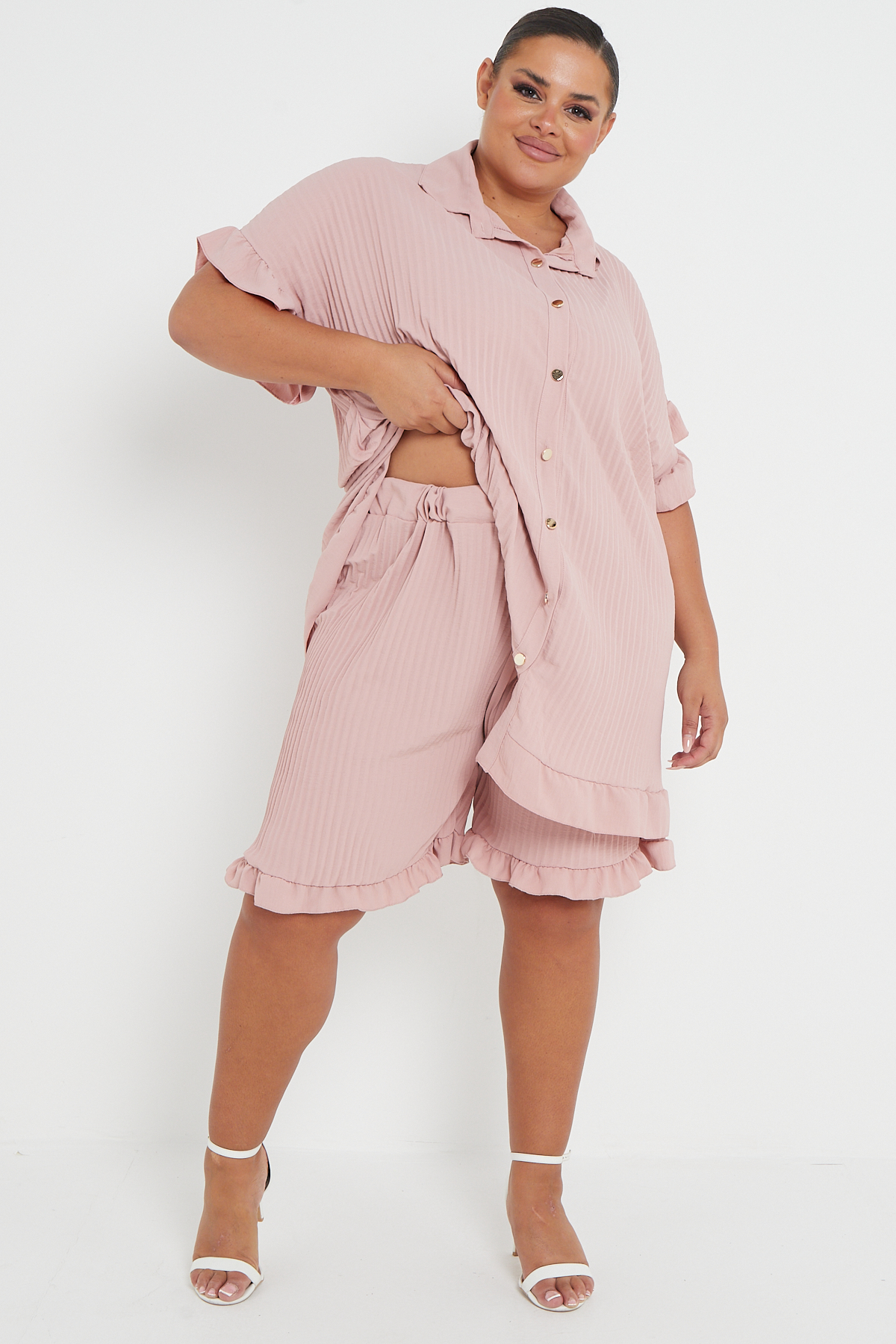 Plus Size Pink Two Piece Pleated Co Ord Set Button Through Top With ...
