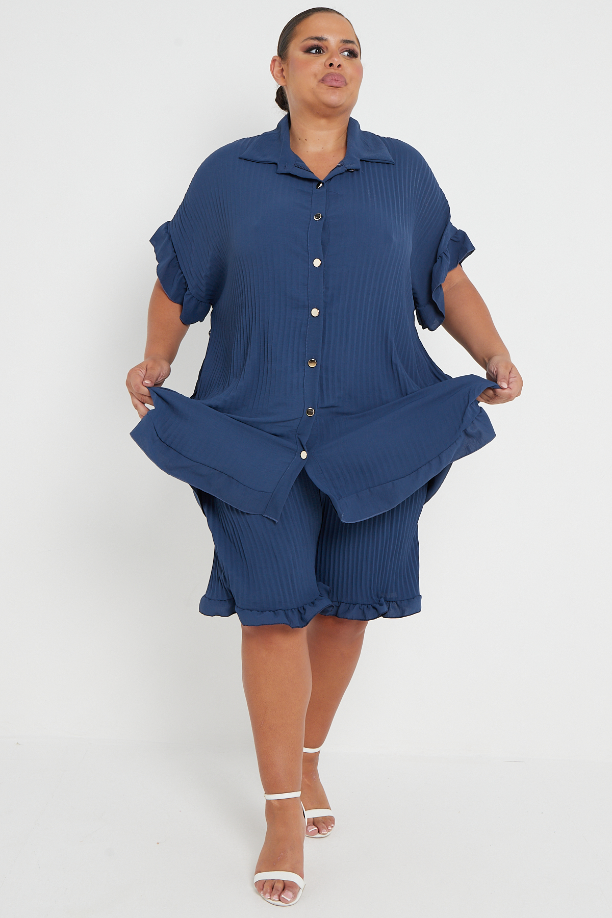 Plus Size Blue Two Piece Pleated Co Ord Set Button Through Top With ...