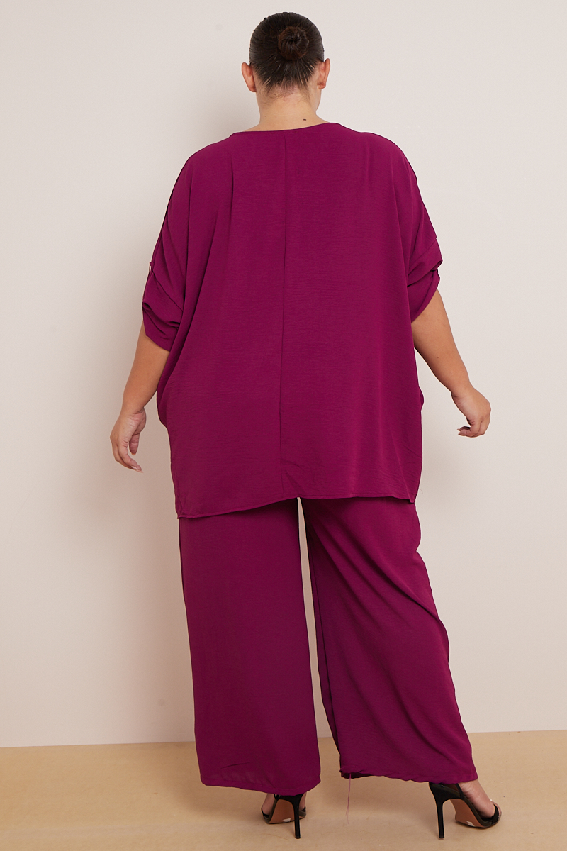 Plus Size Plum 2 Piece Co Ord Set With Mid Length Top & Wide Leg ...