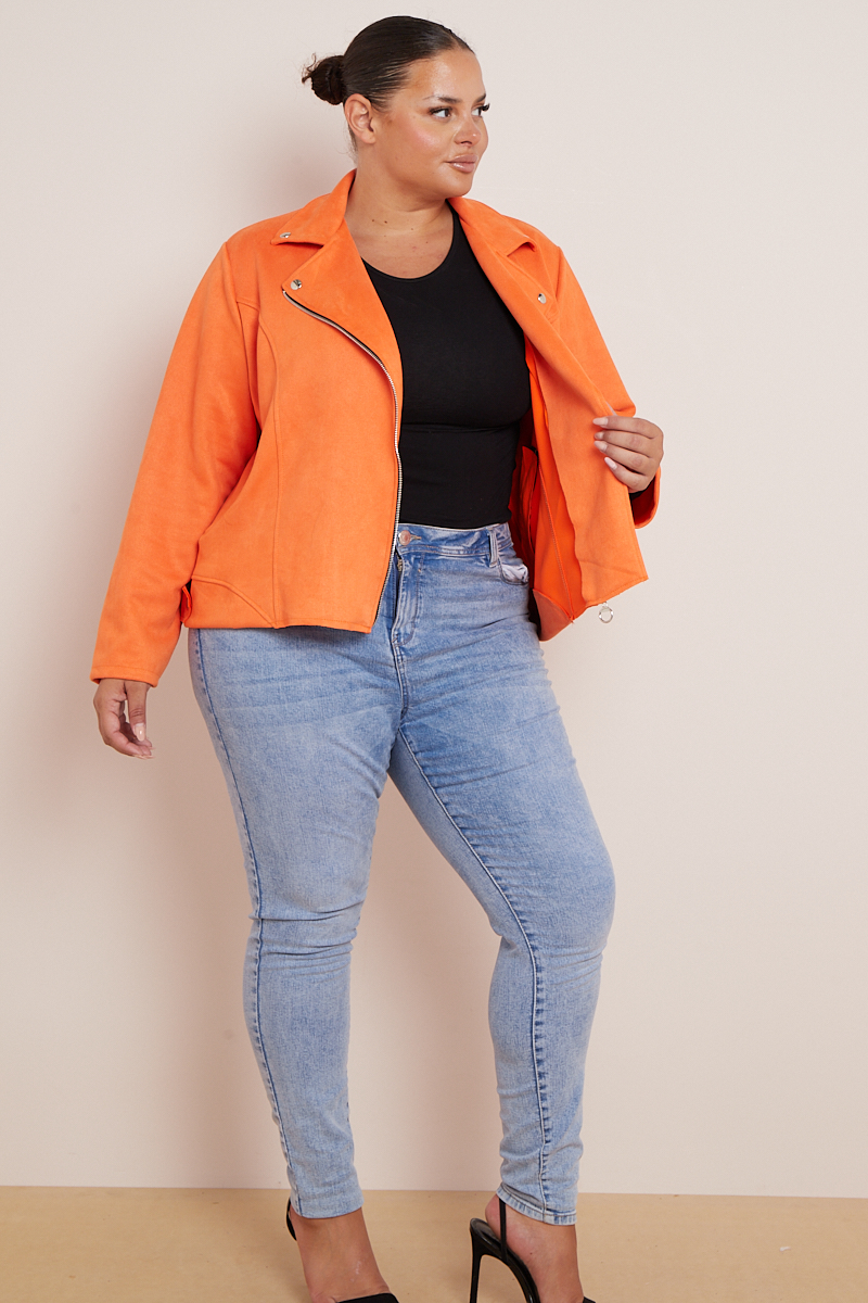 Plus Size Orange Zip Detail Biker Style Jacket | Praslin Clothing