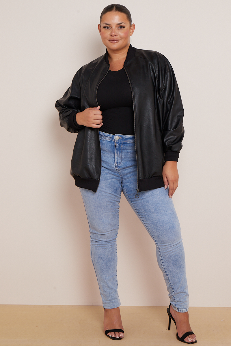 Plus Size Black PU Leather Look Bomber Style Jacket | Praslin Clothing