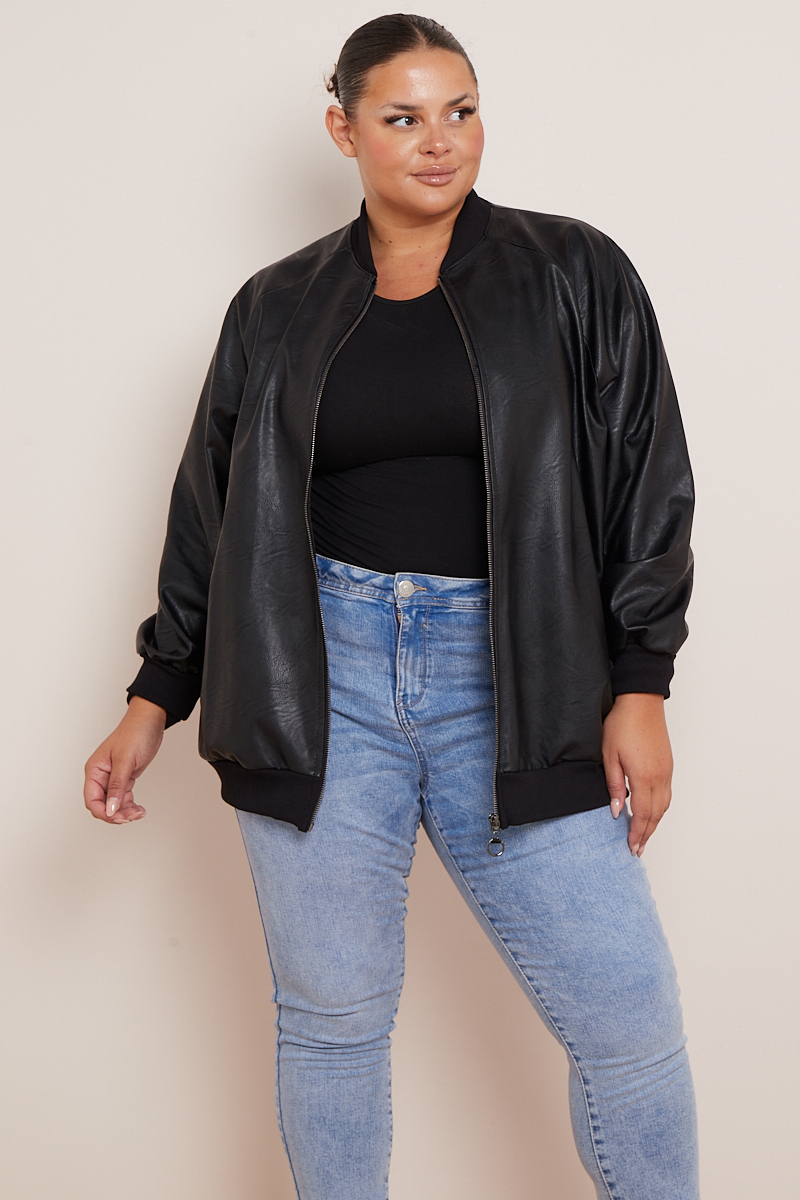 Plus Size Black PU Leather Look Bomber Style Jacket | Praslin Clothing