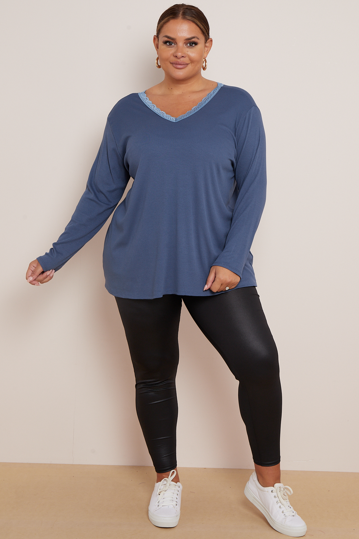 Plus Size Blue Lace Trim V Neck Long Sleeve Top | Praslin Clothing
