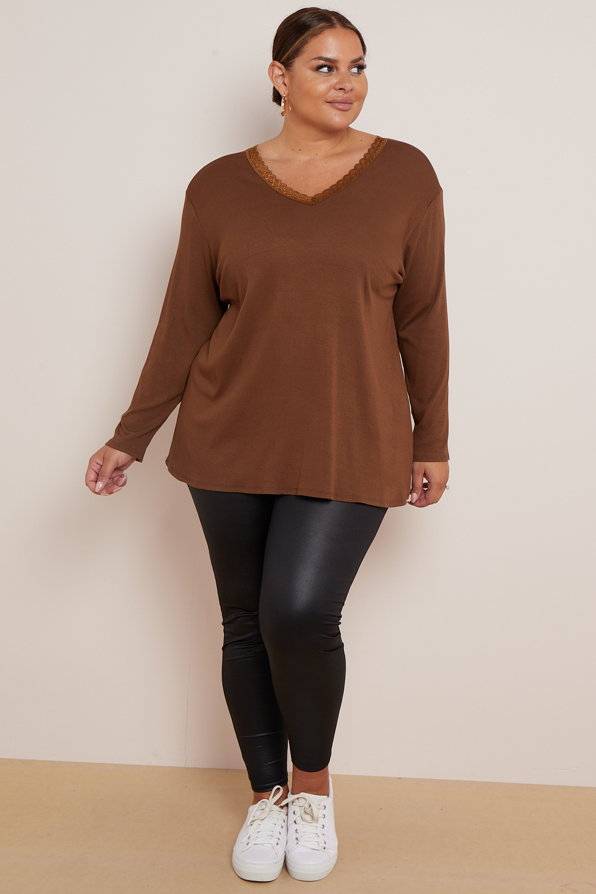 Plus Size Brown Lace Trim V Neck Long Sleeve Top | Praslin Clothing
