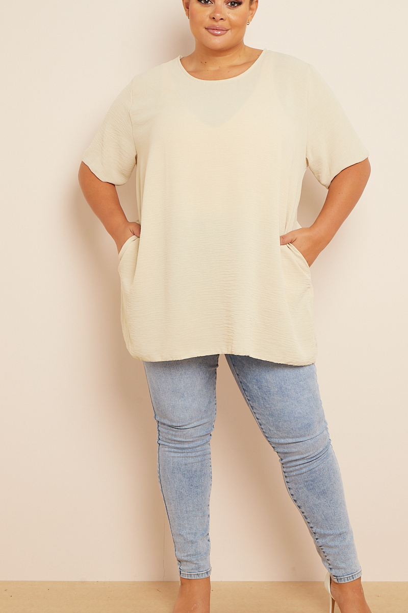 Plus Size Beige Short Sleeves Round Neck Top With Pockets | Praslin ...