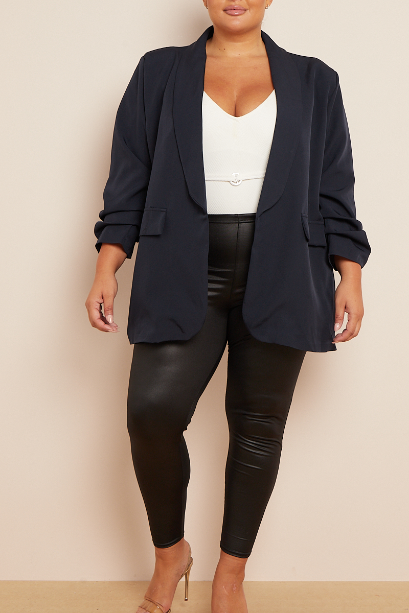 Plus Size Navy Oversized Ruched Sleeve Faux Pockets Lapel Detail Short Blazer Praslin Clothing