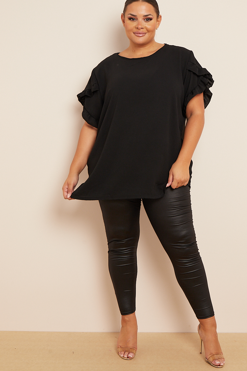 Plus Size Black Short Ruffle Sleeves Round Neck Top | Praslin Clothing