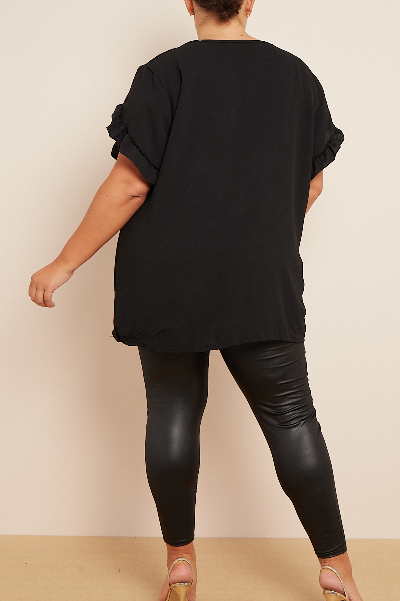 Plus Size Black Short Ruffle Sleeves Round Neck Top | Praslin Clothing