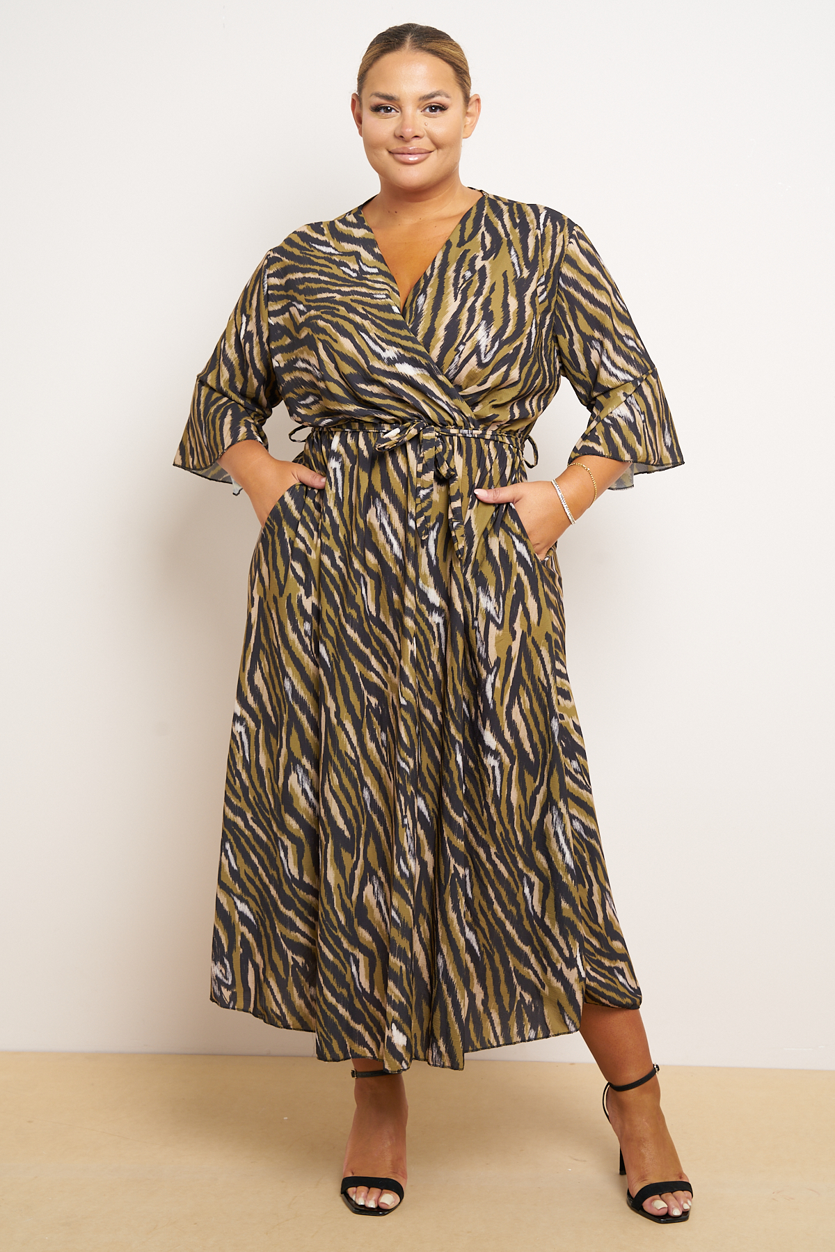 Plus Size Olive Zebra Print Wrap Tie Waist 3/4 Sleeves Dress With ...