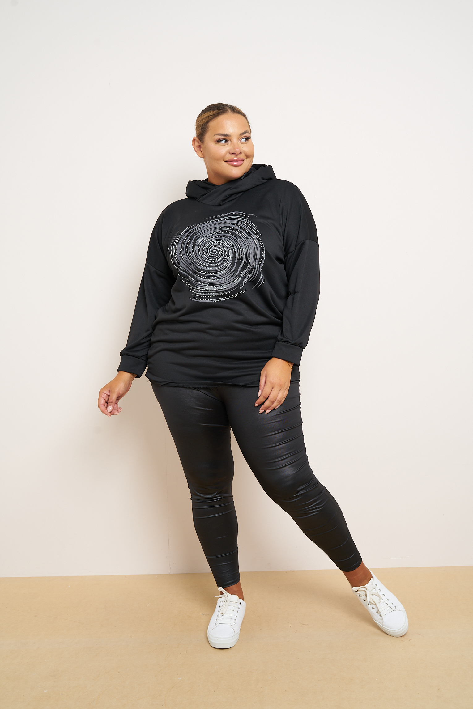 Plus Size Black Printed Hooded Top | Praslin Clothing