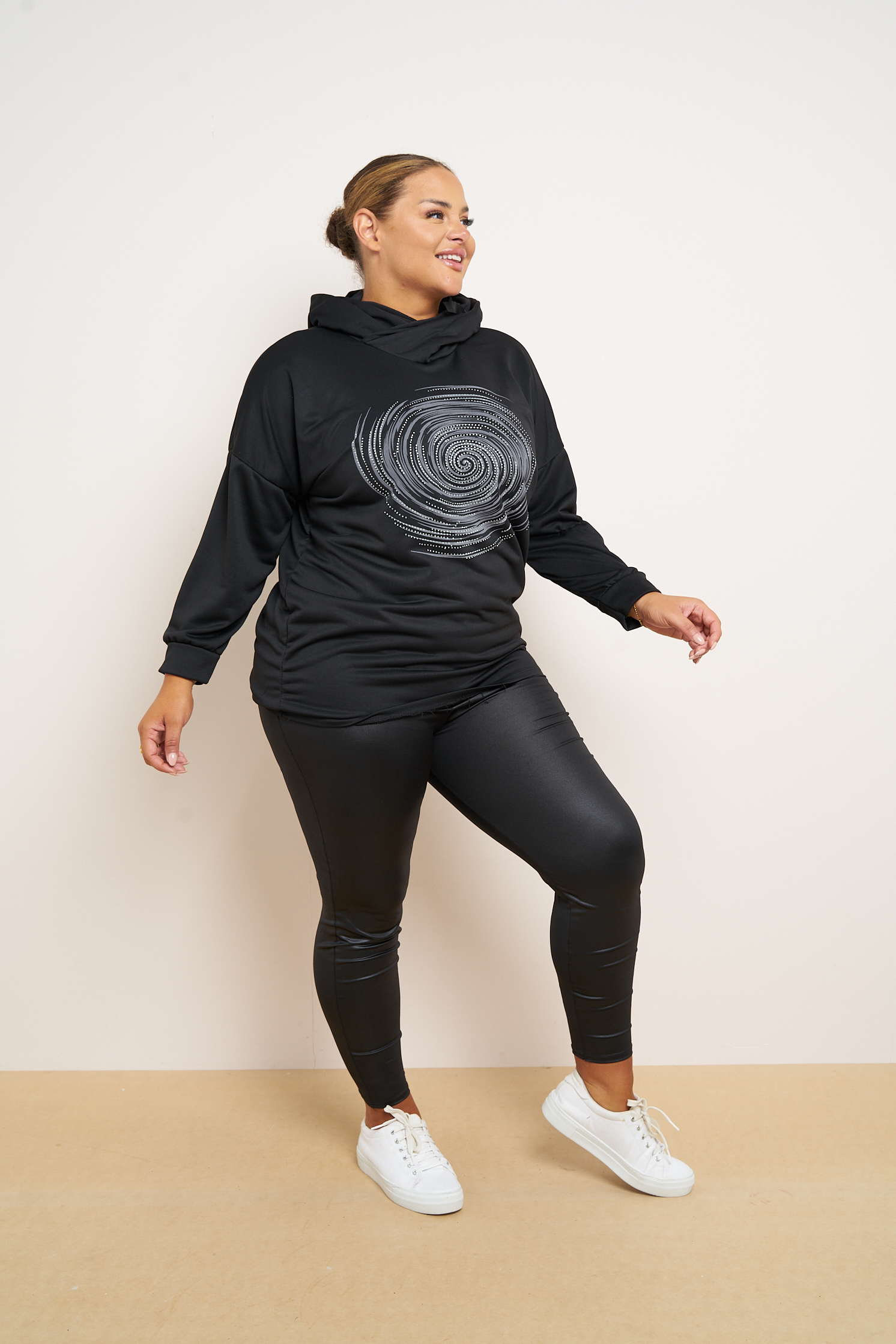Plus Size Black Printed Hooded Top | Praslin Clothing