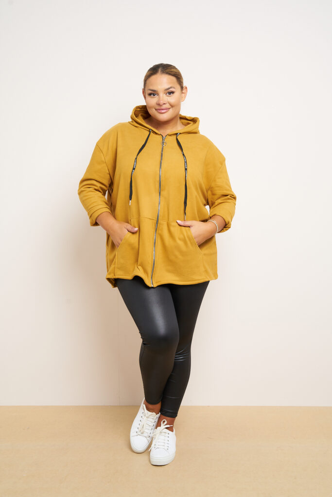 Plus Size Mustard Zip Front Hooded Top With Pockets | Praslin Clothing