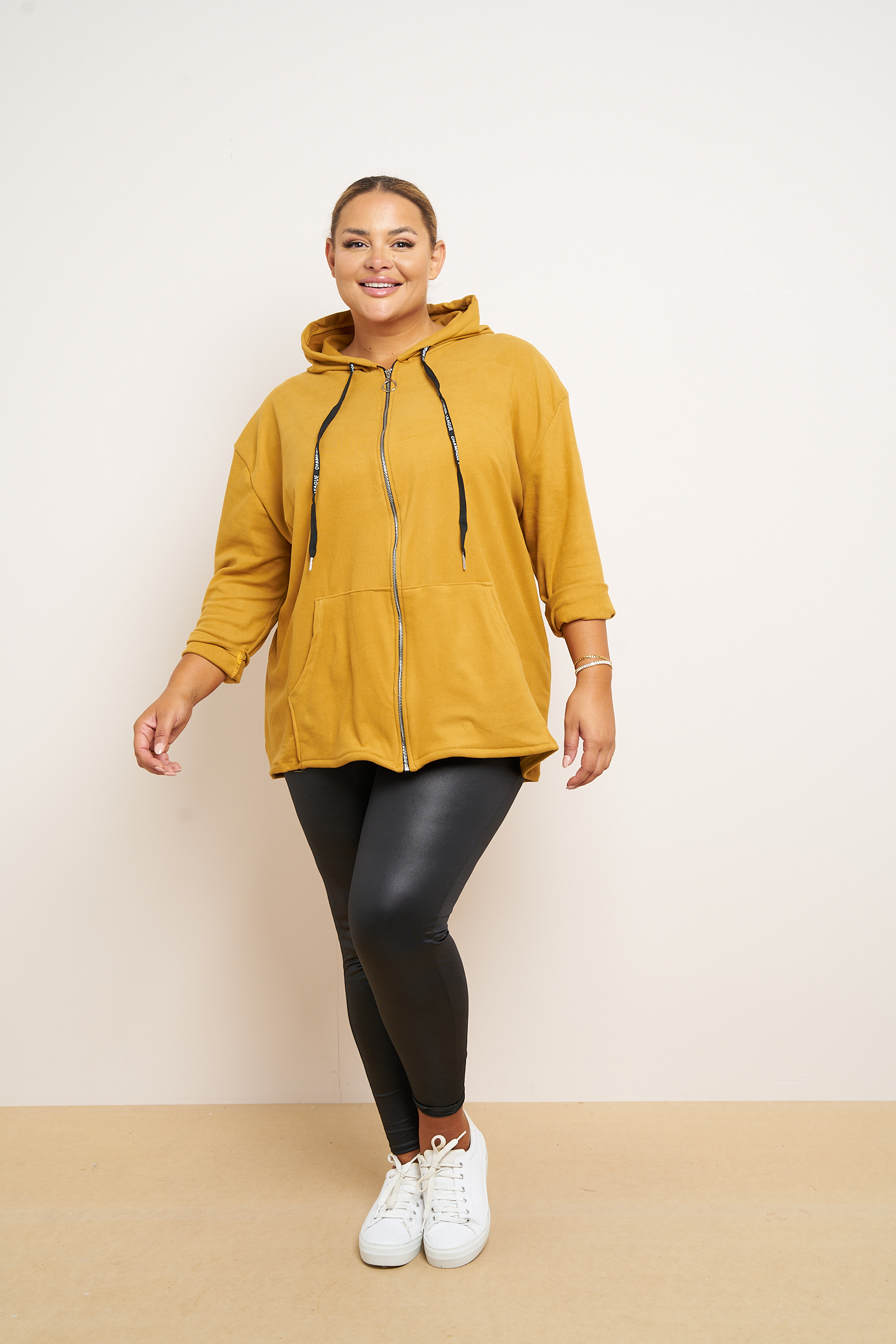 Plus Size Mustard Zip Front Hooded Top With Pockets | Praslin Clothing