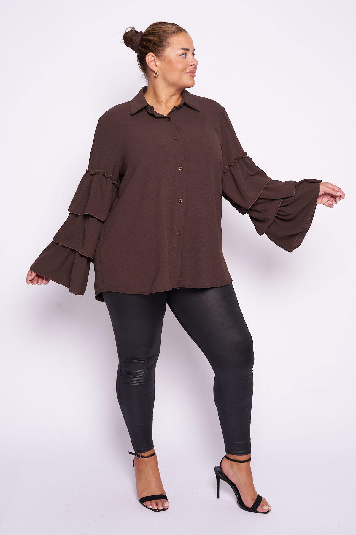 Plus Size Brown Long Layered Bell Sleeves Button Through Shirt ...