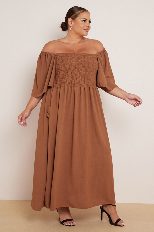 Plus Size Tan Bardot Flare Sleeves Maxi Dress With Pockets | Praslin ...