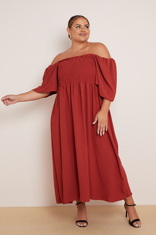 Plus Size Rust Bardot Flare Sleeves Maxi Dress With Pockets | Praslin ...