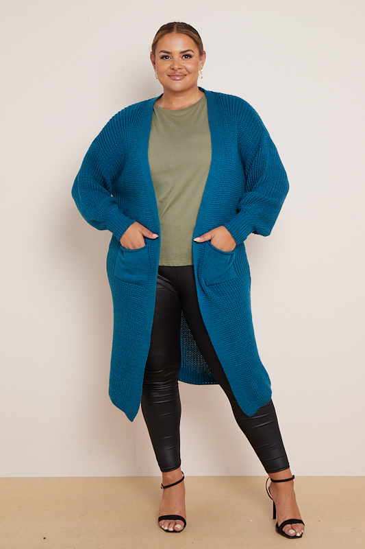 Plus Size Blue Long Sleeve Cardigan With Pockets | Praslin Clothing