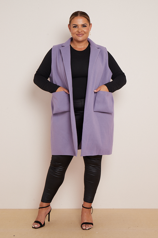 Plus Size Lilac Sleeveless Side Slit Button Detail Blazer With Pockets ...