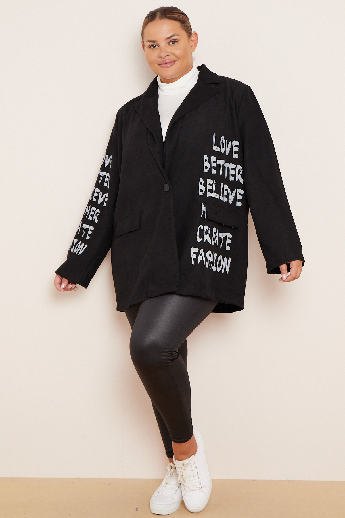 Plus Size Black Oversized Slogan Blazer | Praslin Clothing