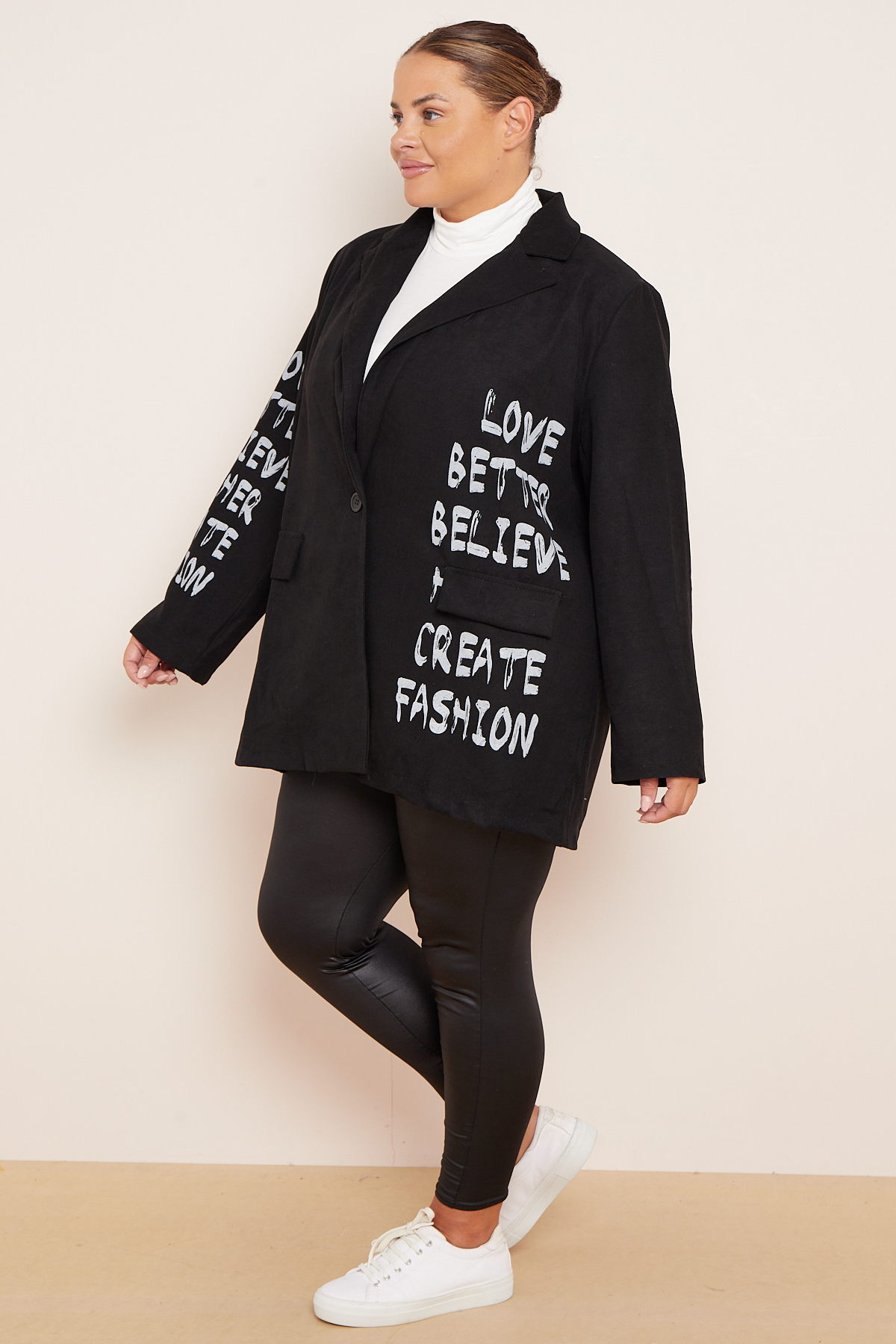 Plus Size Black Oversized Slogan Blazer | Praslin Clothing