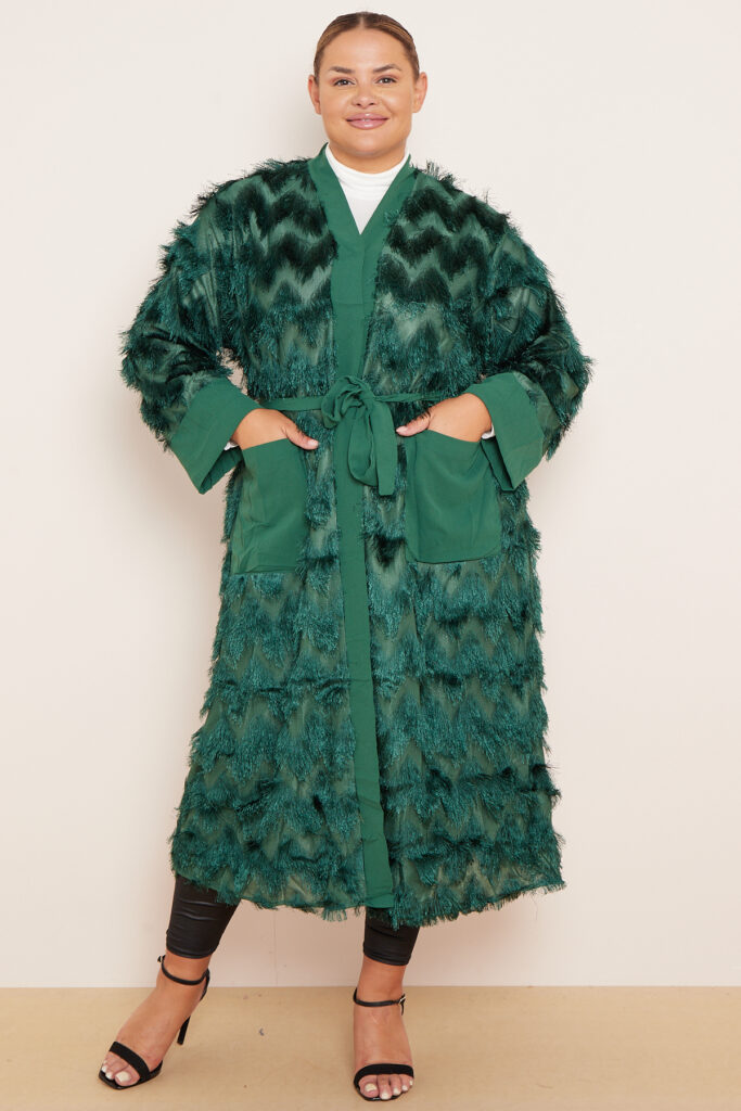 Plus Size Green Mid Length Textured Zip Front Jacket With Pockets ...