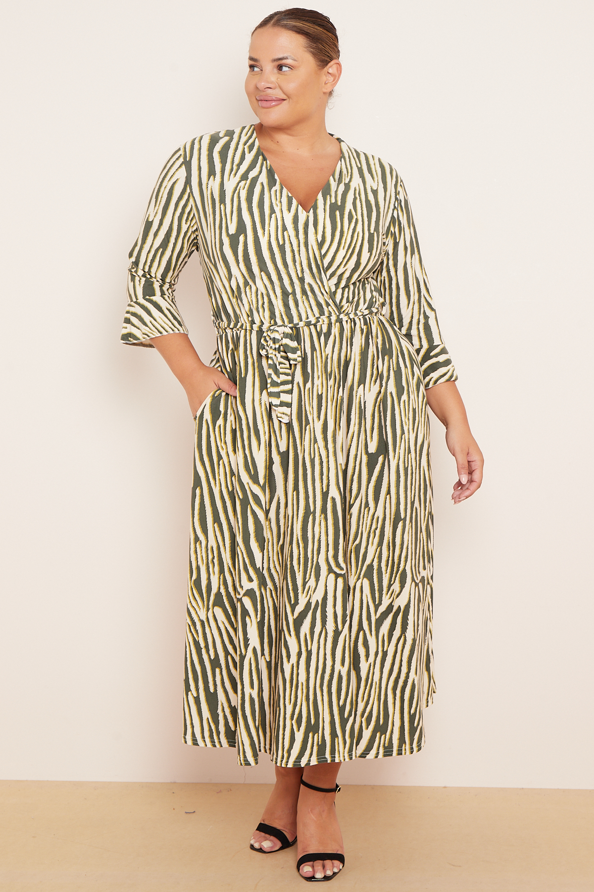 Plus Size Olive Zebra Print 3/4 Sleeves Wrap Tie Waist Dress With ...