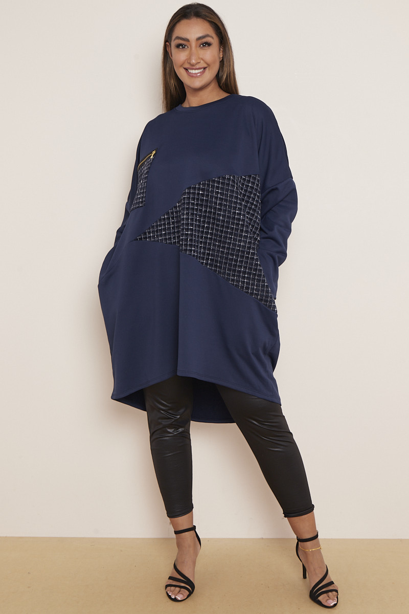 Plus Size Navy Contrast Detail Dip Hem Long Sleeve Top With Pockets ...