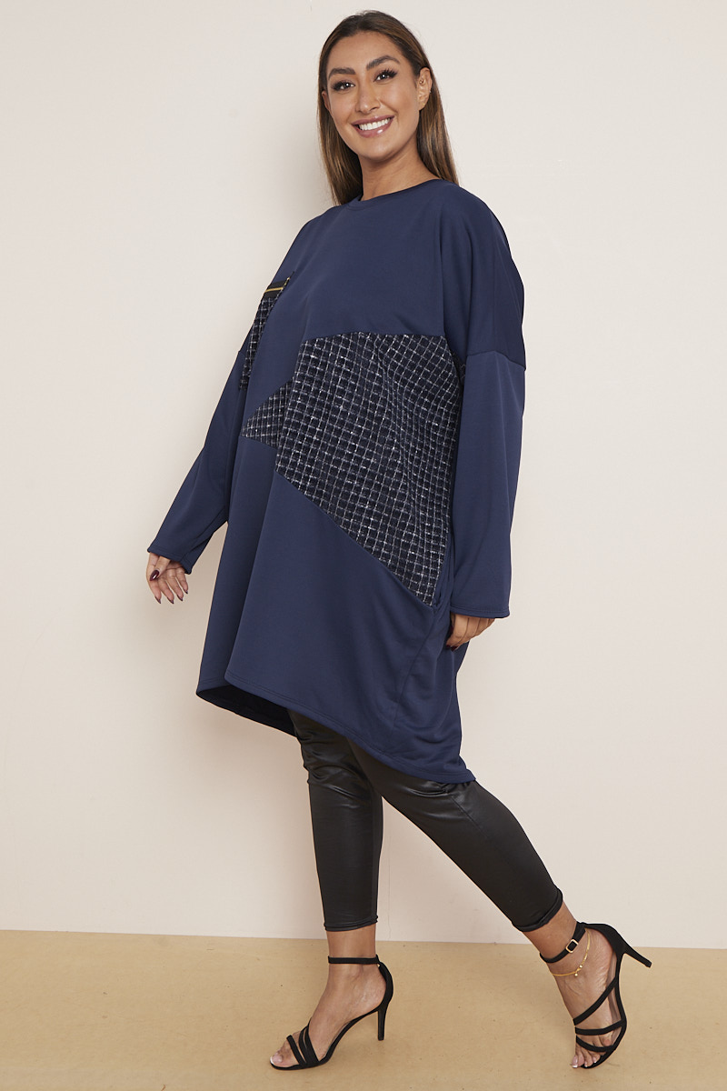 Plus Size Navy Contrast Detail Dip Hem Long Sleeve Top With Pockets ...