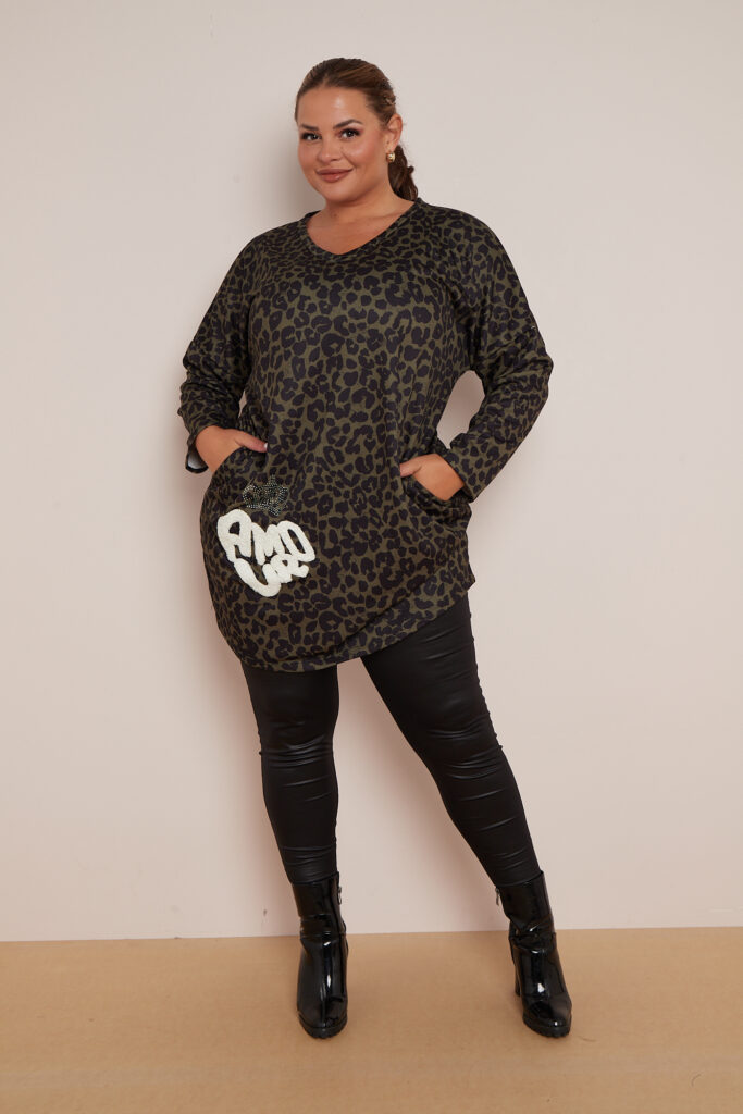 Plus Size Khaki Animal Print Slogan Long Sleeve Top With Pockets ...