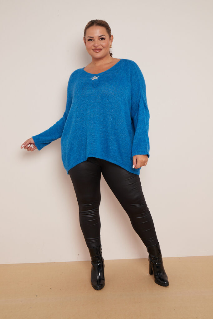 Plus Size Blue Round Neck Star Embellished Jumper | Praslin Clothing