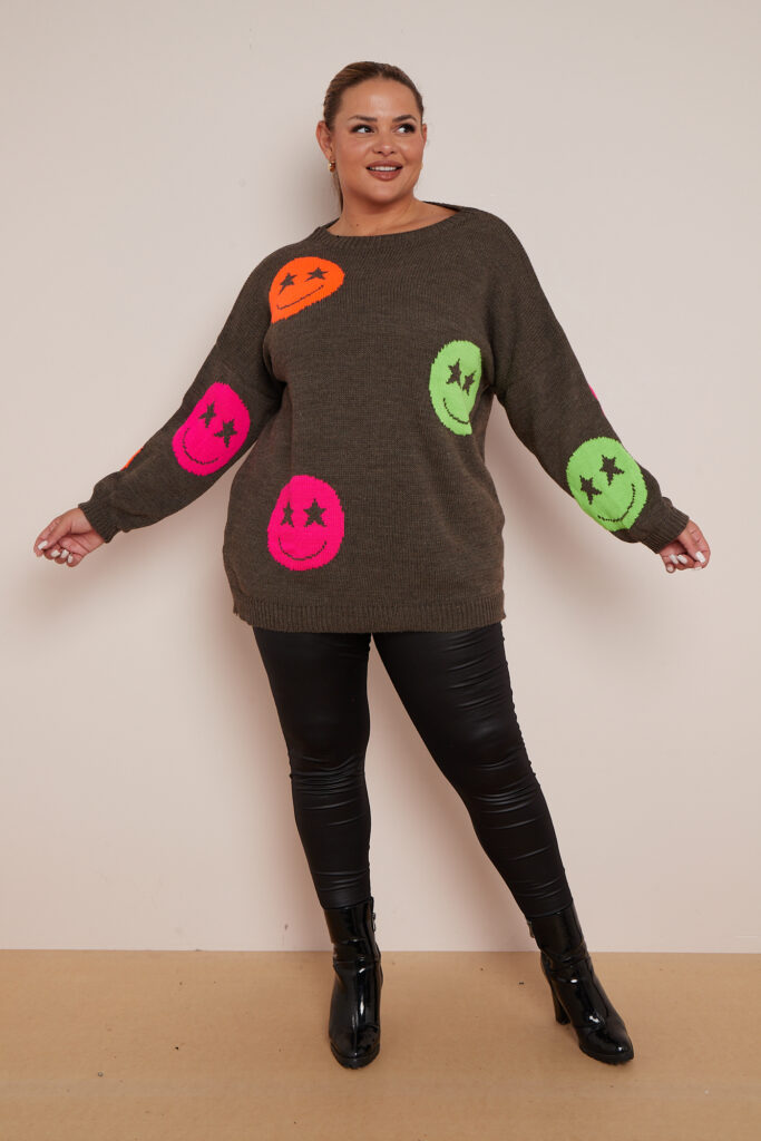 Plus Size Khaki Round Neck Smiley Face Neon Print Jumper | Praslin Clothing