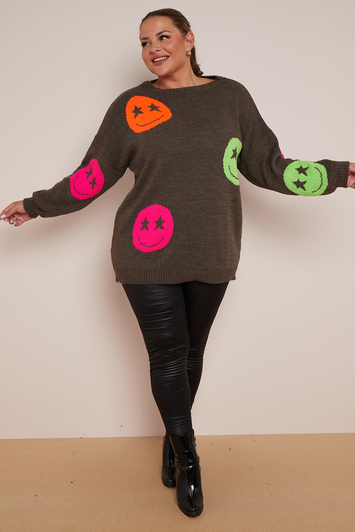 Plus Size Khaki Round Neck Smiley Face Neon Print Jumper | Praslin Clothing