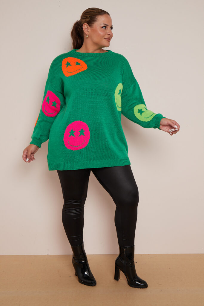 Plus Size Green Round Neck Smiley Face Neon Print Jumper | Praslin Clothing